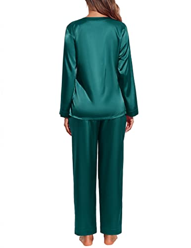 Ekouaer Womens Silk Pjs Long Sleeve Sleepwear Satin Pajamas Top and Pants Set Two Piece Sleep Set Dark Green