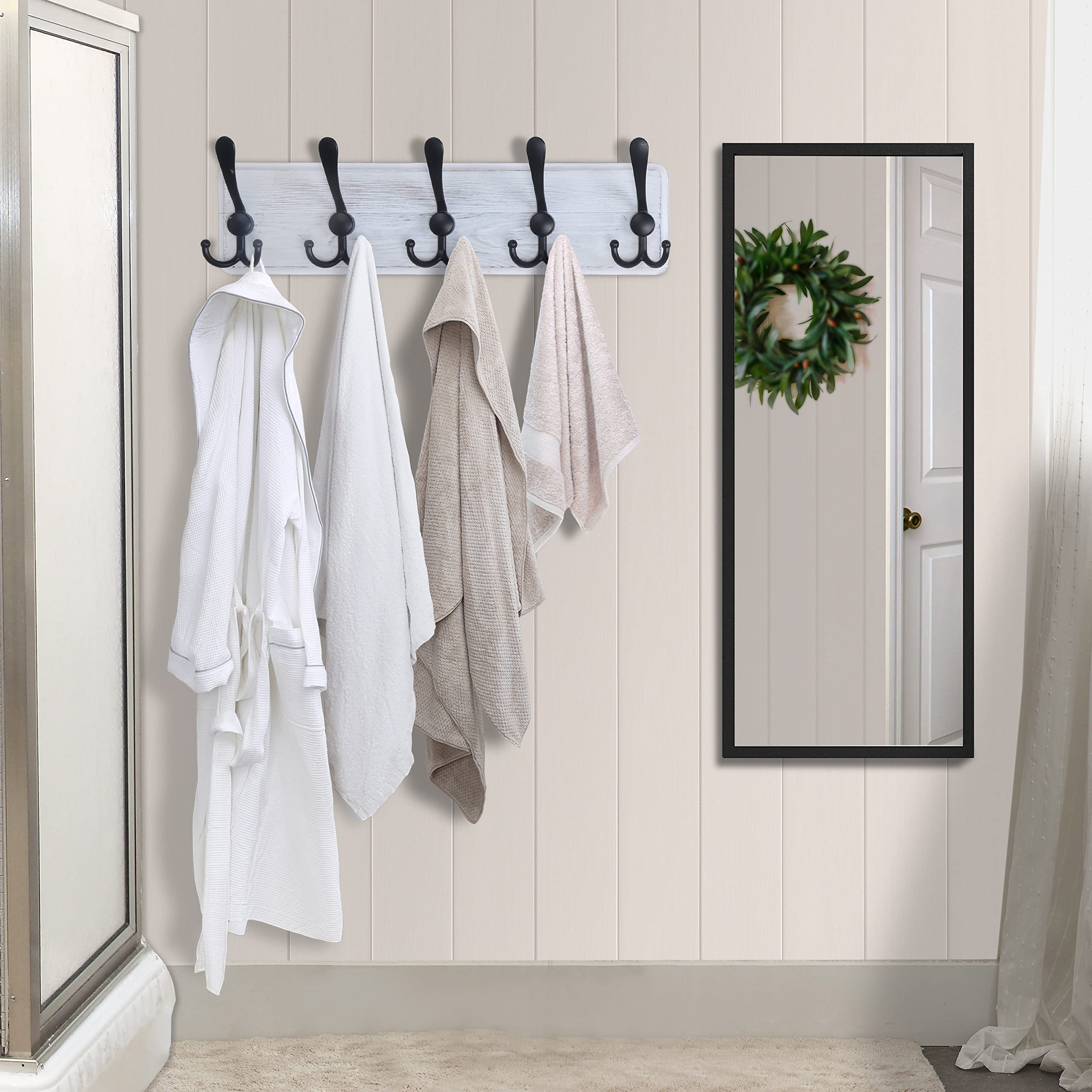 Dseap Coat Rack Wall Mounted - 5 Tri Hooks, Heavy Duty, Wooden Wall Coat Hanger Coat Hook for Clothes Hat Jacket Clothing, Natural & Black, 2 Packs