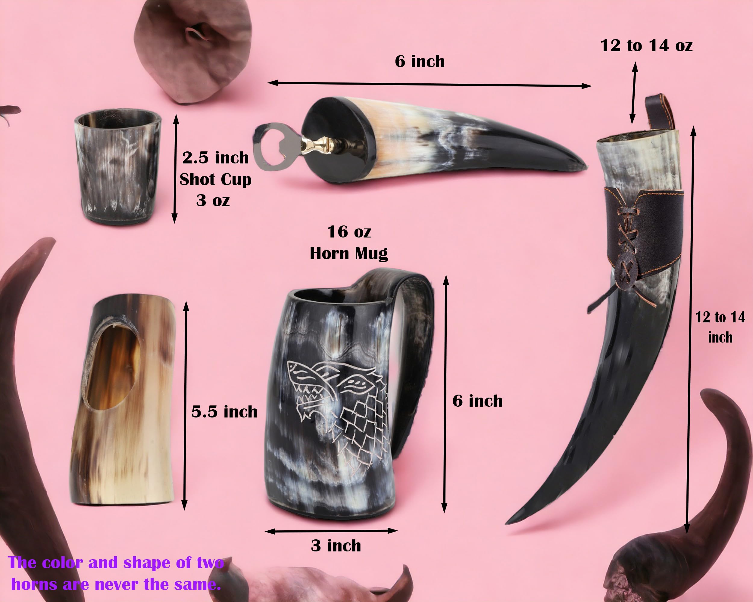 Brainmart Viking Drinking Horn Mug Set Dire Wolf Engraved Viking Gift for Men and Women Food Grade Medieval Style | Bottle Opener Shot Cup (6 Pcs Set)