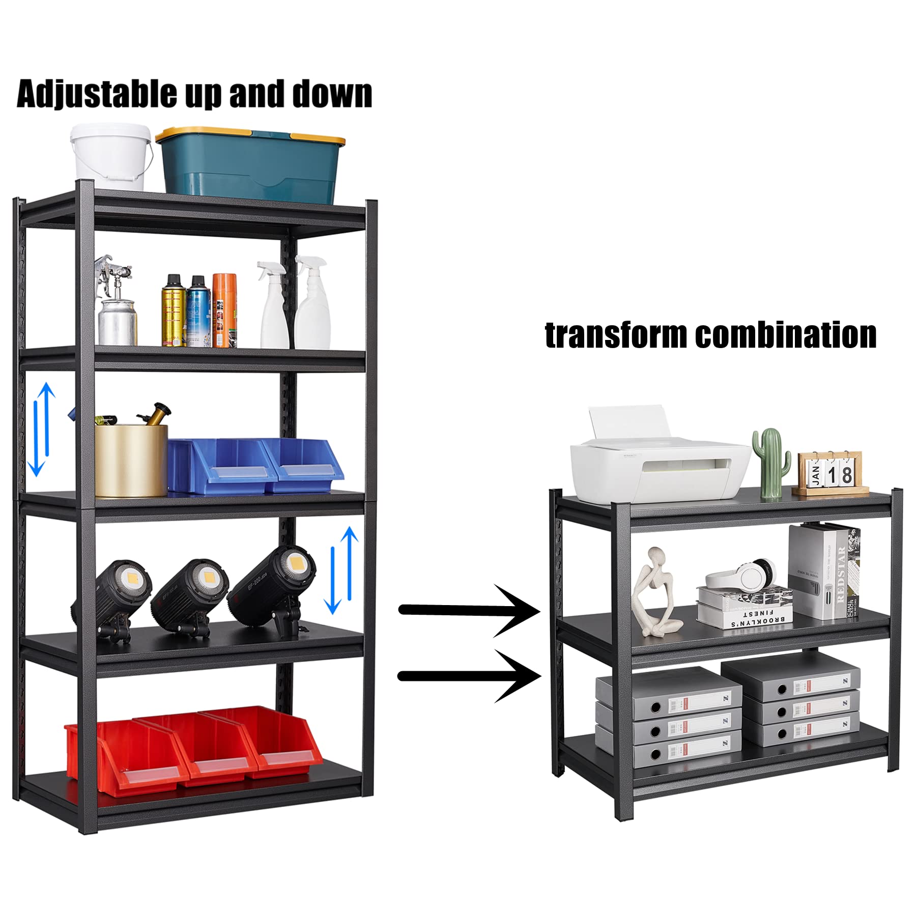 BYNSOE Garage Shelving Heavy Duty Storage Shelves for Garage Storage Rack Adjustable 5 Tier Metal Shelving Basement Garage Storage Shelves (5-Tier)