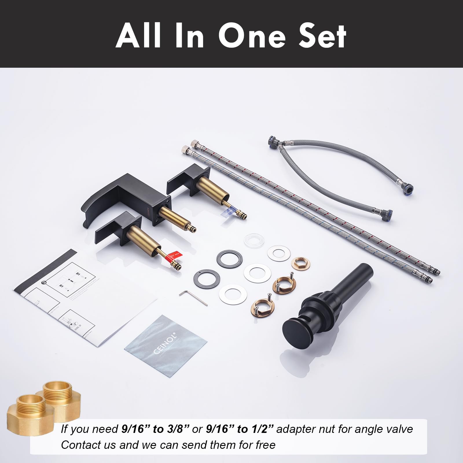CEINOL Waterfall Bathroom Faucet Matte Black, Bathroom Sink Faucet 3 Hole, Widespread Bathroom Faucet Set with Pop Up Drain and Hose