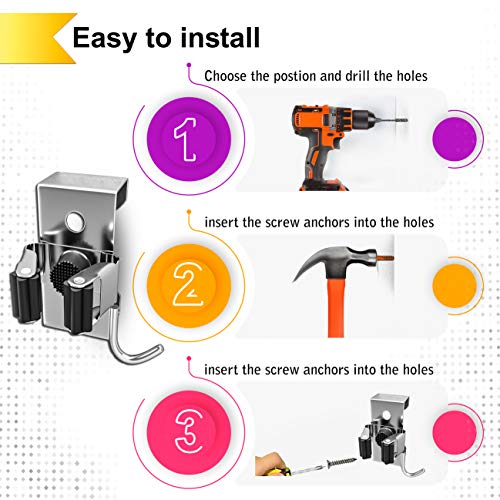 eToolz Mop and Broom Holder Wall Mount - Heavy-Duty Stainless Steel Storage Organizer, Screw - Set of 2 Rack Hangers for Kitchen, Garage, Garden, Cleaning Tools