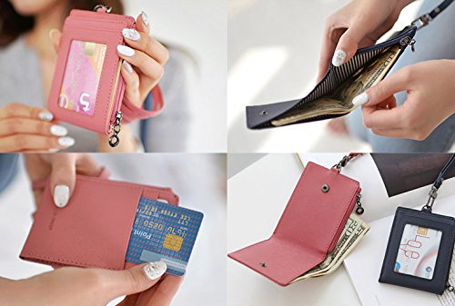 ID Window Card Badge Holder Leather Wallet Zip Neck Detachable Strap Landyard Money