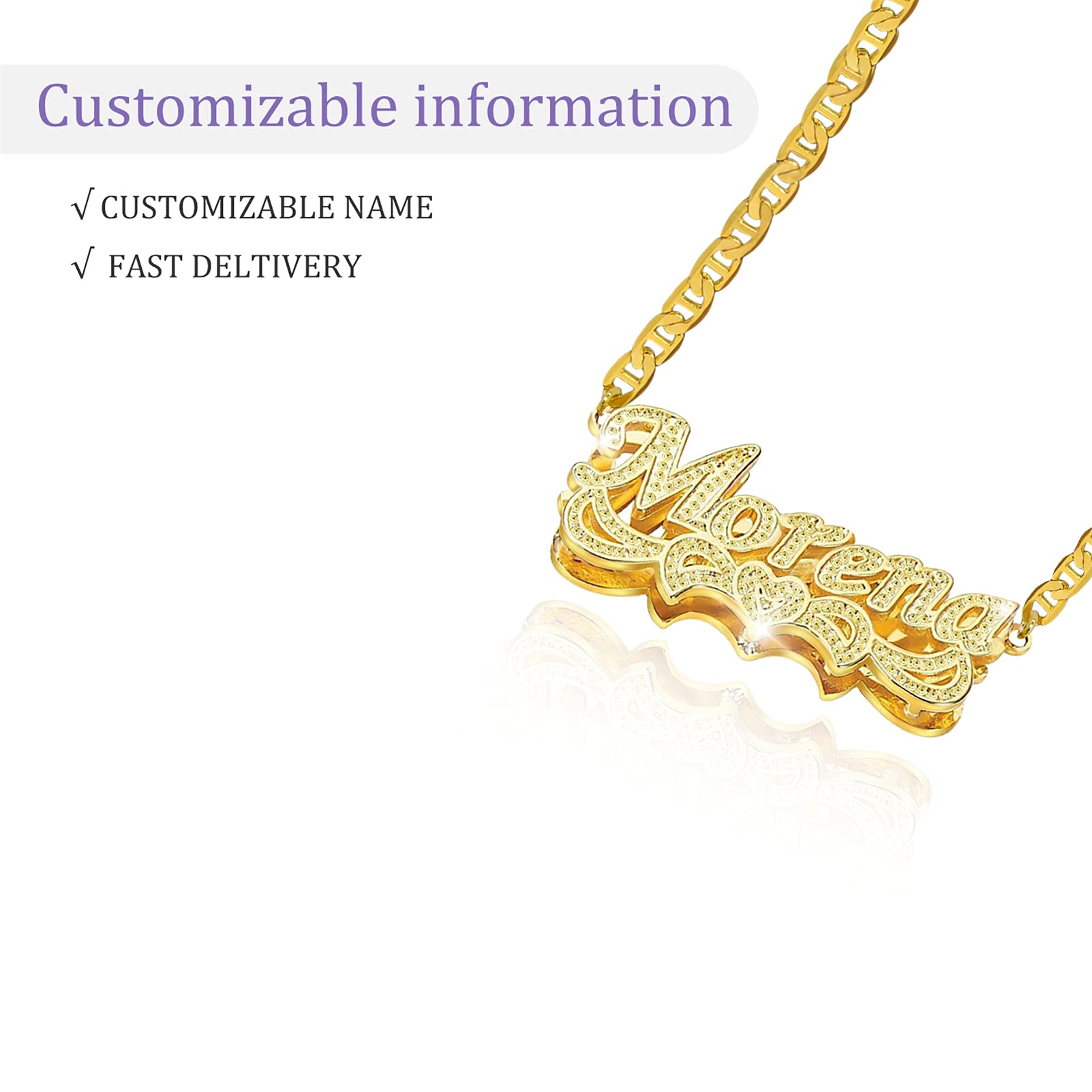 BAUMA AUTO Double Plated Name Necklace Personalized Custom Nameplate Pendant Necklace Personalized Name Jewelry for Women Men Birthday Gifts (Gold-7)