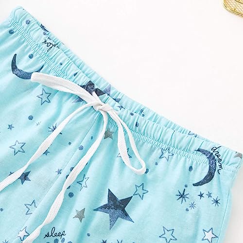 ENJOYNIGHT Women's Pajama Set Short Sleeve Shirt and Shorts Sleepwear V Neck Pjs with Pockets (X-Large, Star)