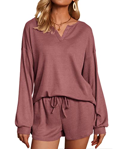 Ekouaer Womens Waffle Knit Long Sleeve Top and Shorts Loungewear Thick Pajama Set, A-rose Red, Large
