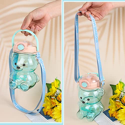 Kawaii Bear Straw Bottle,Large capacity bear water bottle with Strap and Straw , Cute Portable Bear shaped water Bottle Adjustable Removable Strap for outdoor and school activities(blue)