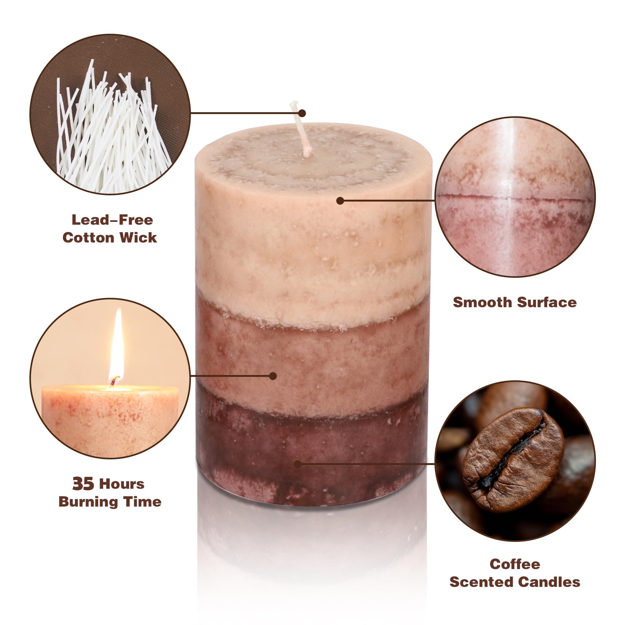 Cafemoon Coffee Pillar Candles, Aromatherapy Scented Candles, 35+ Hours Burn Long Lasting, Set of 3 Tall 3x4 Inch Dripless Pillar Candle, for Wedding and Home Décor