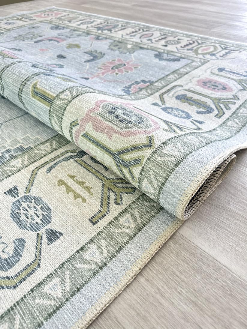 Cream Blue Oushak Rug, Modern Rugs, Vintage, Turkish, Eclectic, Floral, Pastel, Washable, Small Throw, Accent Area Rug for Living Room, Bedroom, Kitchen, Bathroom, 2'5"x4'9
