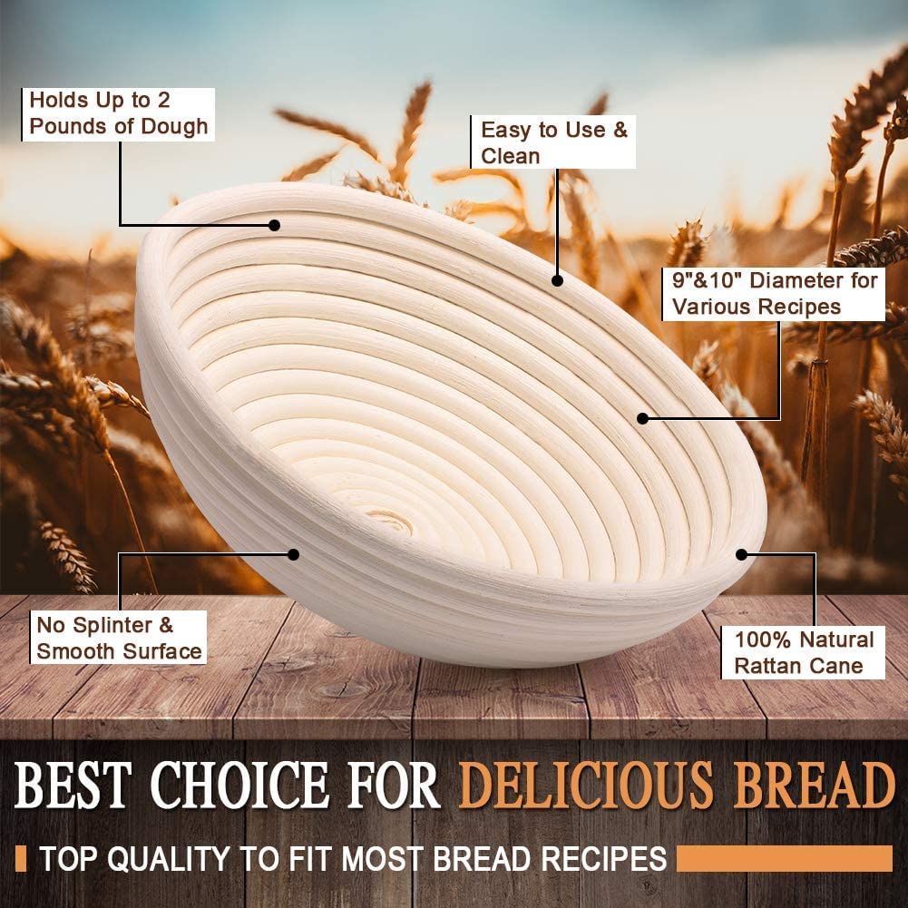 Bread Proofing Basket Set 9.6 Inch Oval & 10 Inch Round Banneton Proofing Baskets Top Grade Rattan Bowl with Bread Lame Dough Scraper Proofing Cloth Liner for Home & Professional Bakers Set of 2