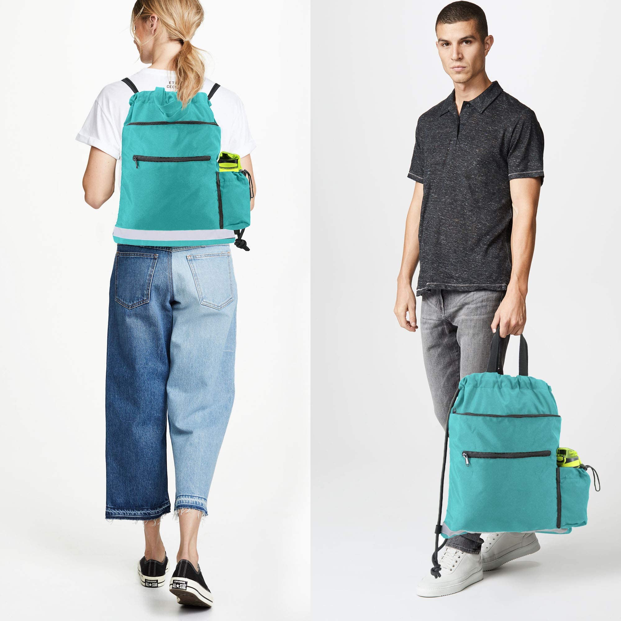 BeeGreen Gym Backpack Sports Bag String Bag Drawstring Backpack w 2 Zipper Pockets Cinch Draw String Back Sack for Men Women w Pouch Cute Workout Bag Sinch Sack Washable Sturdy