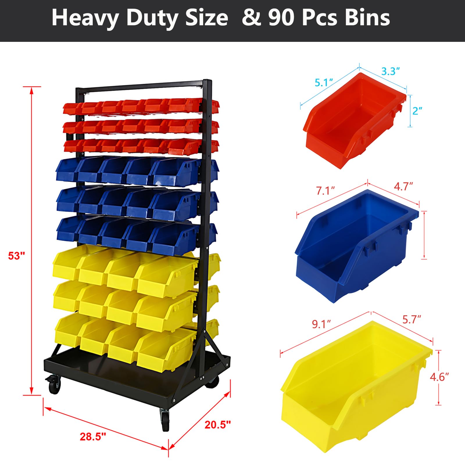 Sybrioka 90 Parts Bin Rack Storage Unit System Steel Shelf, Mobile Organizer Plastic Bins Garage Shelving Tool Shop, 4 Locking Wheels, Floor Mount for Men's Gift