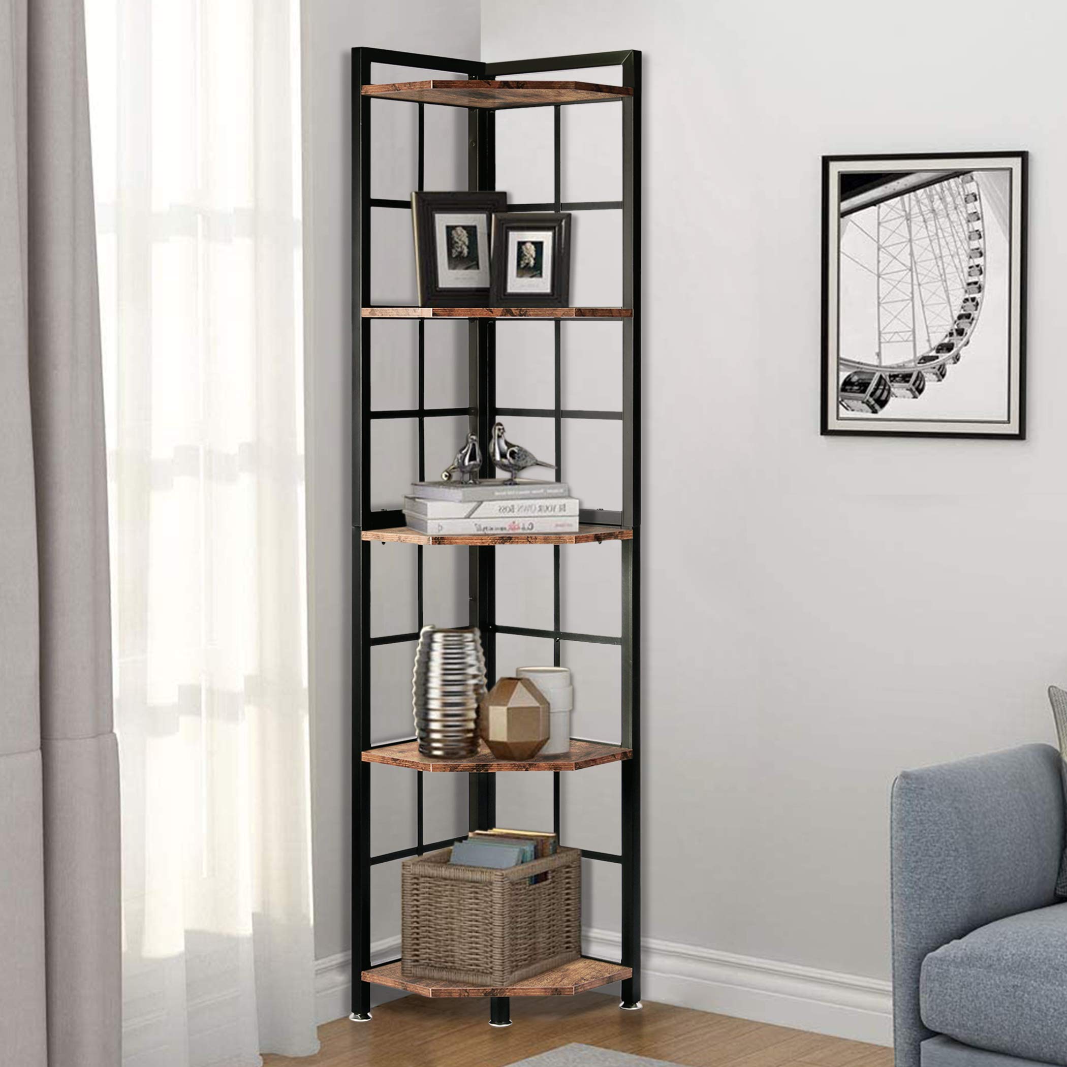 Becko US Corner Bookshelf 5 Tier Industrial Corner Shelf Corner Bookcase Plant Stand Storage Rack Display Rack for Home Office (Rustic Brown)