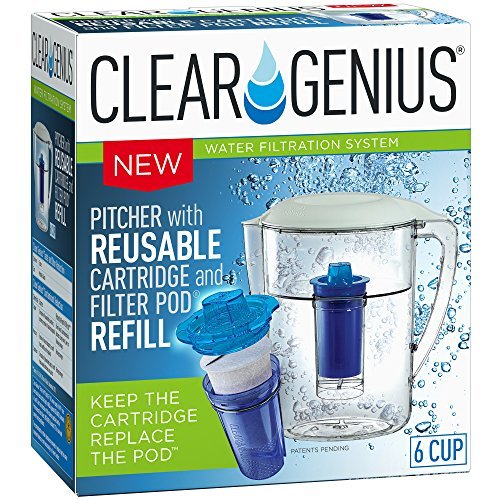 Clear Genius Water Pitcher Filtration System FWP-1, Includes Reusable Filter Cartridge and Filter Pod Refill, Clear, 6-Cup Capacity
