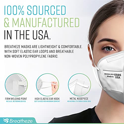 Breatheze KN95 Face Mask Made in USA Disposable Masks Breathable Face Mask Kn95 Mask White Facemask High-Filtration Protective Barrier Face Covering Elastic Ear Loops Adjustable Nose Clip 10 pack