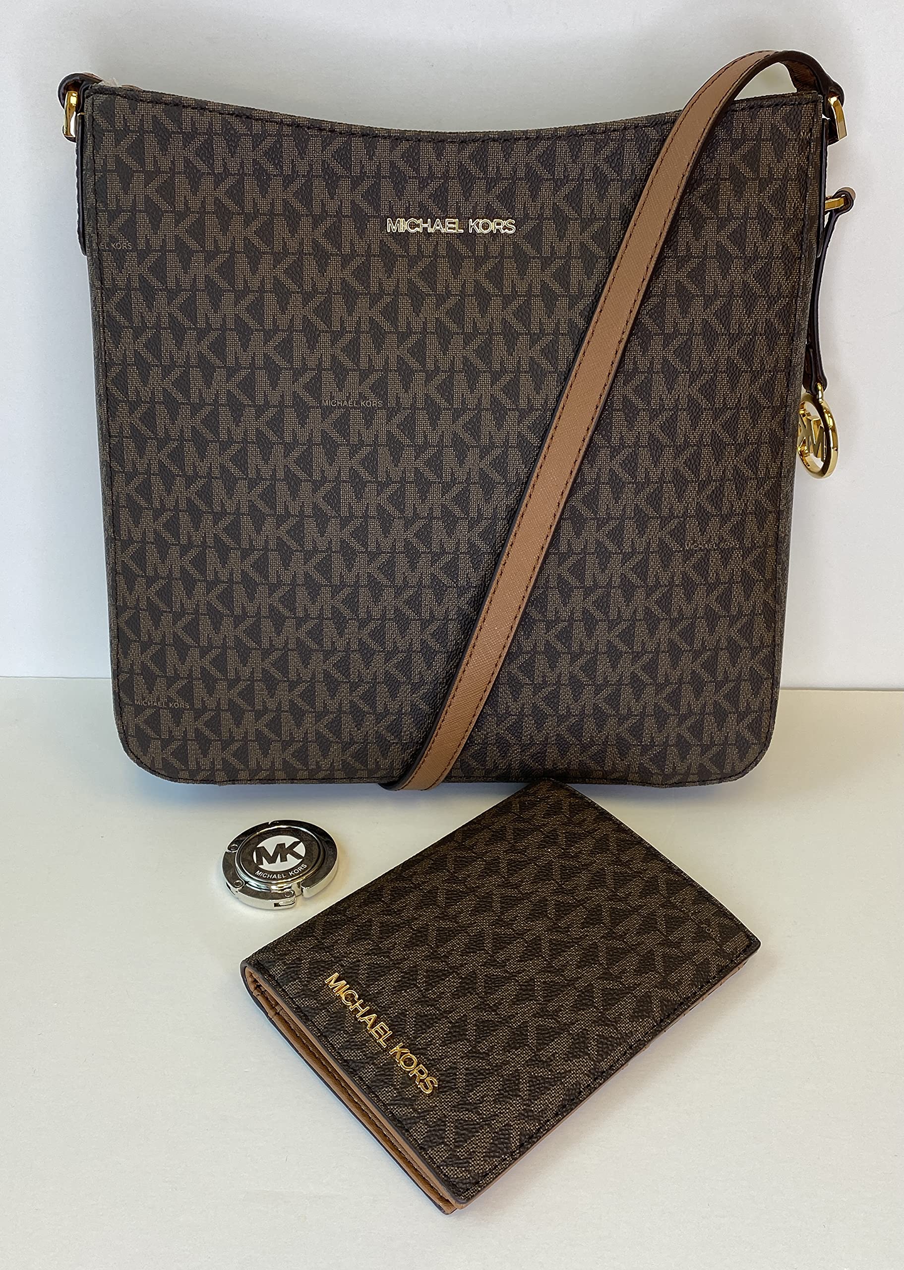 Michael Kors MICHAEL Michael Kors Jet Set Travel Large Messenger Crossbody bundle with Passport Case Purse Hook (Signature MK Brown)