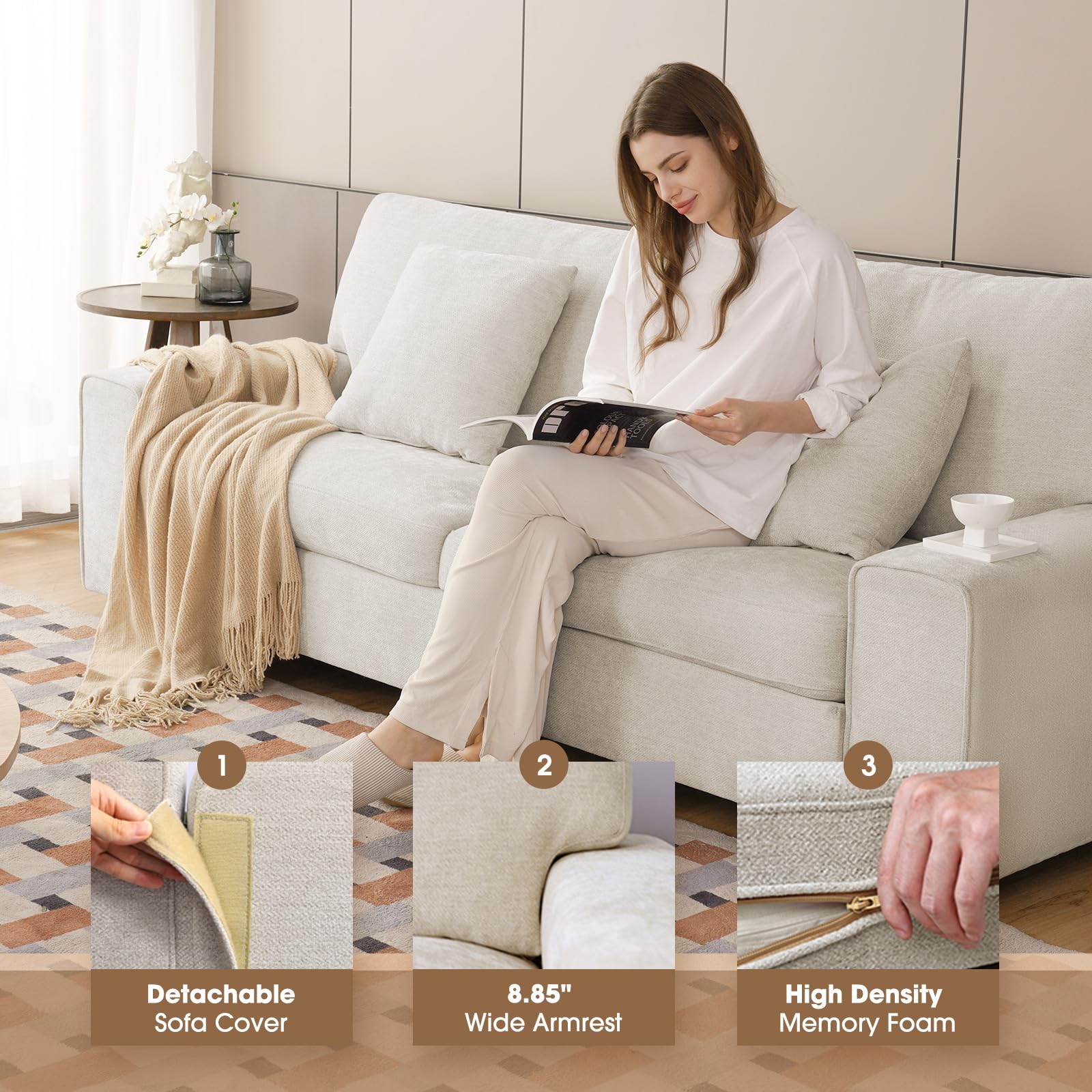 DOPEDIO Modern Living Room Chenille Recliner Sofa Small Sofa,loveseat Sofa,Removable Sofa Cover Space Spring Cushions and Solid Wood Frame, Easy to Install (71.25inch,Beige)