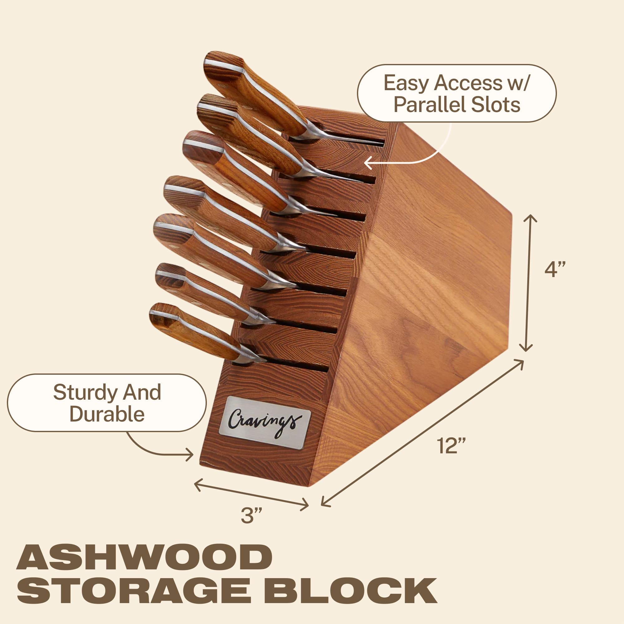 Cravings Essential 8-Piece Kitchen Knife Set with Slim Ashwood Storage Block, Full-Tang Design, Wooden Knife Block with Santoku, Carving, Bread, Utility, Chef’s, Cleaver, and Paring Knives