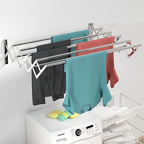 GUEVARA Wall Mounted Clothes Drying Rack,Stainless Steel Accordion Retractable Drying Rack for Laundry Room/Bathroom Tower,Easy to Install 31-inch Rod, 120 lbs Large Capacity- Indoor and Outdoor Use