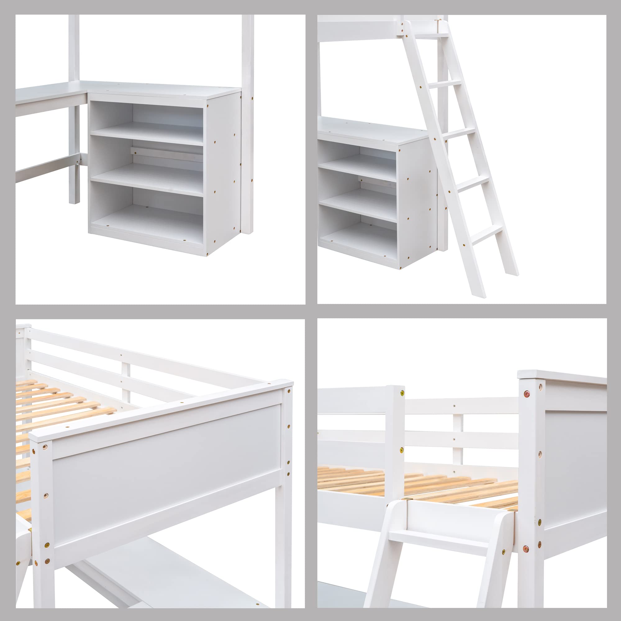 Harper & Bright Designs Twin Loft Bed with Desk and 3 Shelves, Solid Wood Twin Size Loft Bed Frame with Angled Ladder for Kids Teens Boys Girls, No Box Spring Needed (White)