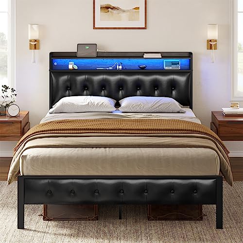 HAUSOURCE Full Bed Frame with Storage Headboard & Footboard Upholstered Platform Bed with LED Lights USB Ports & Outlets No Box Spring Needed