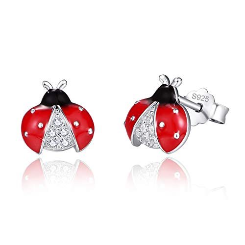 Ladybug Studs Earrings, 925 Sterling Silver with Cubic Zirconia, Hypoallergenic for Sentitive Ears, Miraculous Ladybug Jewelry Mother Day Gift for Women Girlfriend Daughter with Gift Box