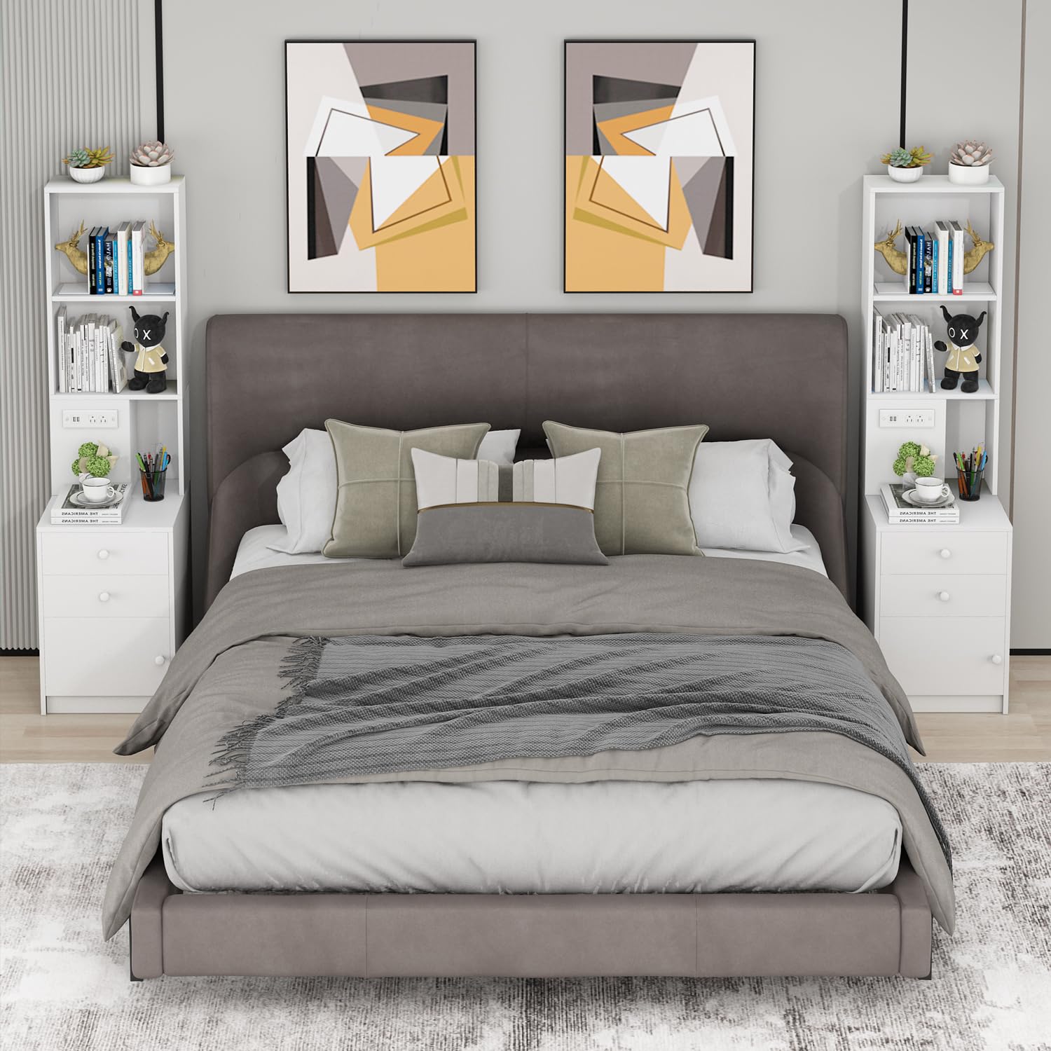 CATMANOR White Nightstand with Charging Station, Bed Side Table/Night Stand with Drawers, Bedside Table with Open Shelf Storage, Tall End Table for Bedroom Living Room 7R3