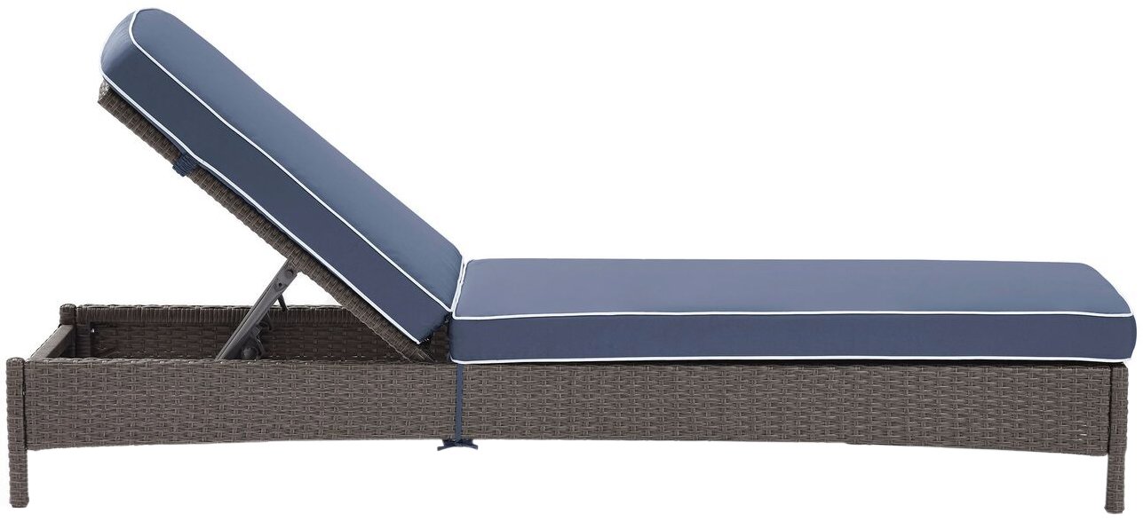 Crosley Furniture Palm Harbor Reclining Wicker Outdoor Chaise Lounge Chair for Patio, Deck, Poolside, Gray with Navy Cushions