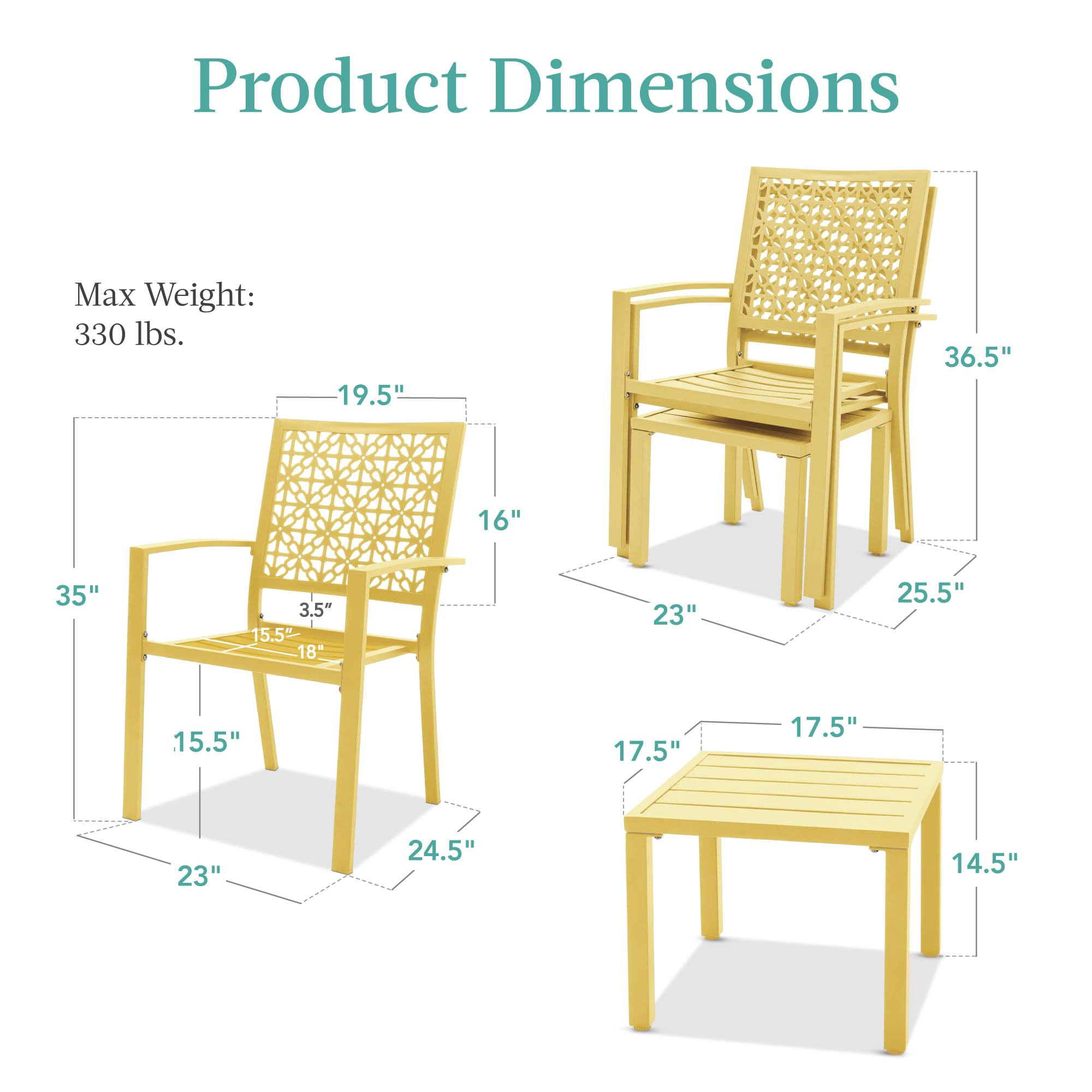 Best Choice Products 3-Piece Outdoor Bistro Set, Stackable Modern Steel Furniture for Porch, Garden w/ 2 Chairs, Table, Geometric Decor - Yellow