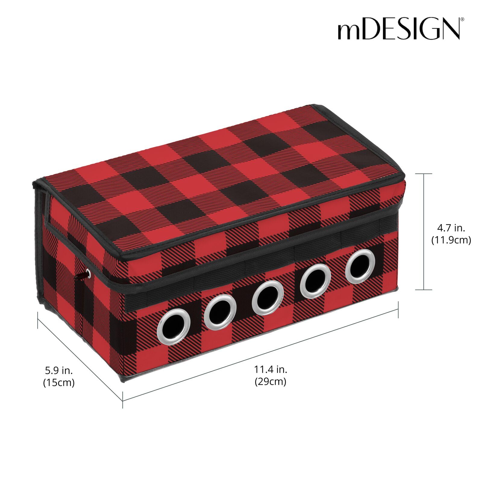 mDesign Gift-Wrapping Ribbon Storage Box with Handles - Holiday Bow Organizer Container with Lid - Christmas Giftwrap Ribbon Holder - Gift Storage Tote Bin and Bow Station - Buffalo Plaid Red/Black