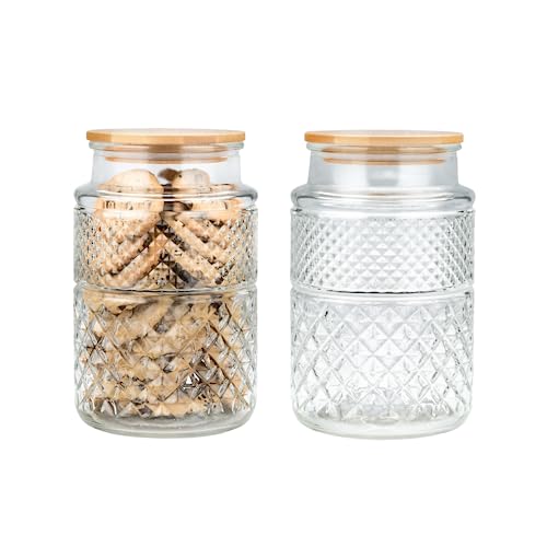 Classy Canisters Set of 2 60 Ounce Round Large Glass Jar with Bamboo Lid - Kitchen Decorative Jars Vintage Diamond Pattern Coffee Pasta Sugar Tea Snack Nuts Cookie Airtight Lids (2 Pack)