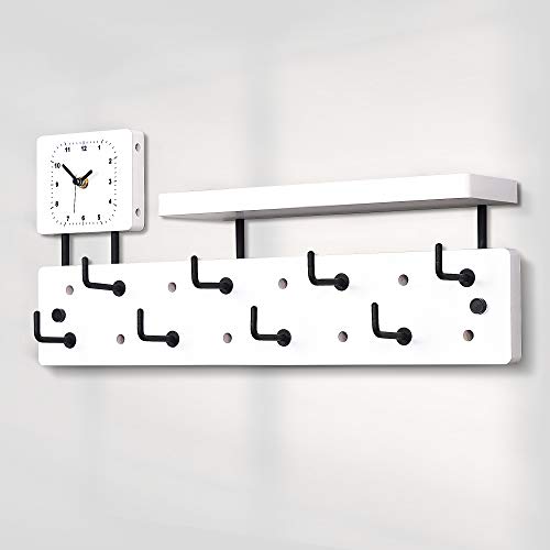 Entryway Coat Hooks with Shelf and Clock, Wall-Mounted Hanging Rack, Hallway/Living Room/Bedroom Organize and Decor Display Hook Rack. Bamboo Wood Body with 8 Metal Hooks, White Colour