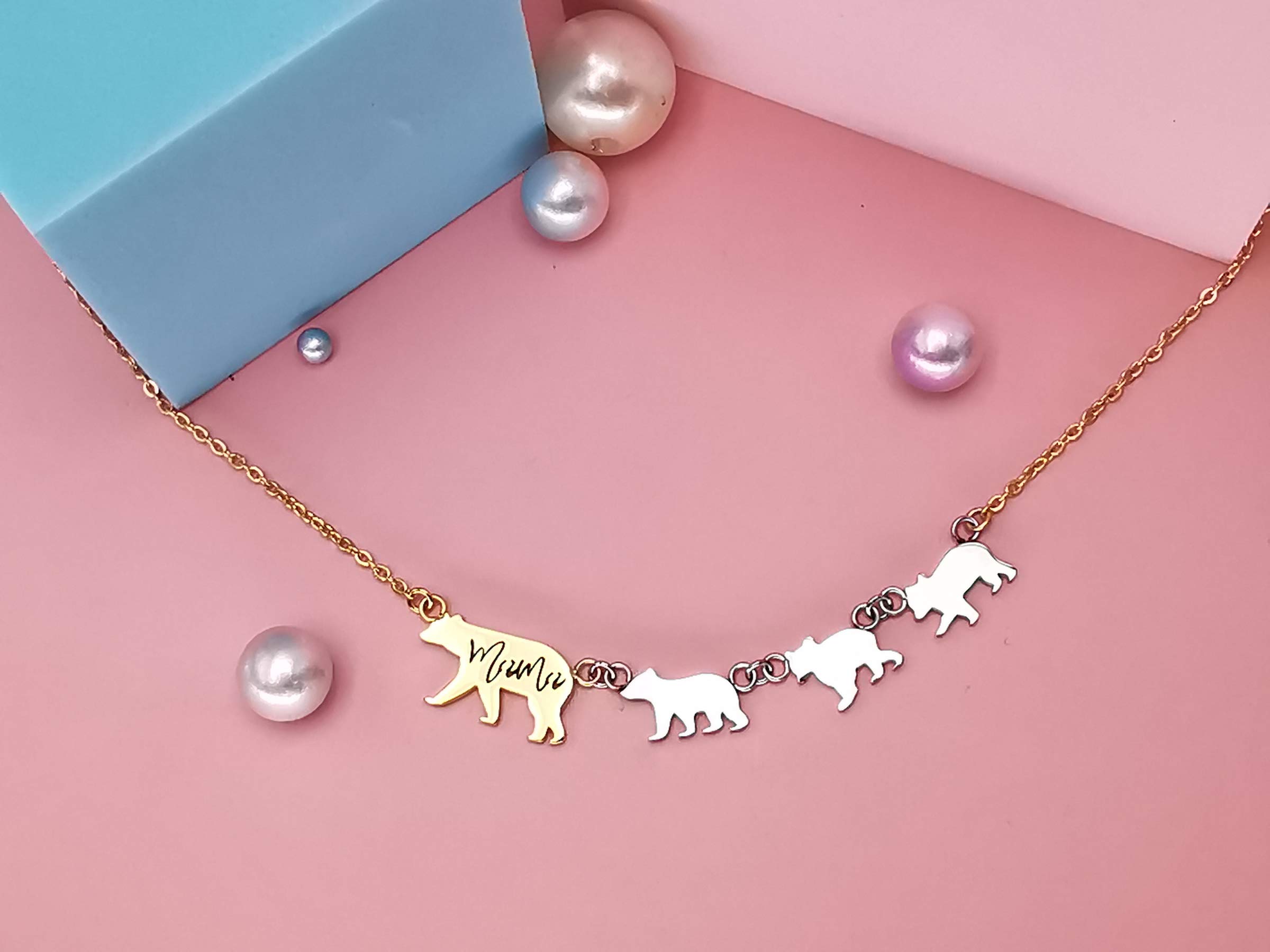 Beffy Mama Bear Necklace with 3 Three Cubs for Women, Mom Daughter Pendant for Mothers Day Birthday Christmas