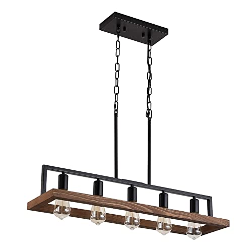 Fivess Lighting 5-Light Rustic Wood Kitchen Island Lighting,Oak Wood and Metal Linear Chandelier,Retro Industrial Pendant Light Fixture for Kitchen Island Dining Room Farmhouse,Black