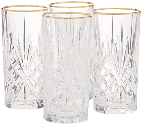 Lorren Home Trends Siena Collection Crystal Water Beverage or Ice Tea Glass with Gold Band Design, Set of 4,12 ounces
