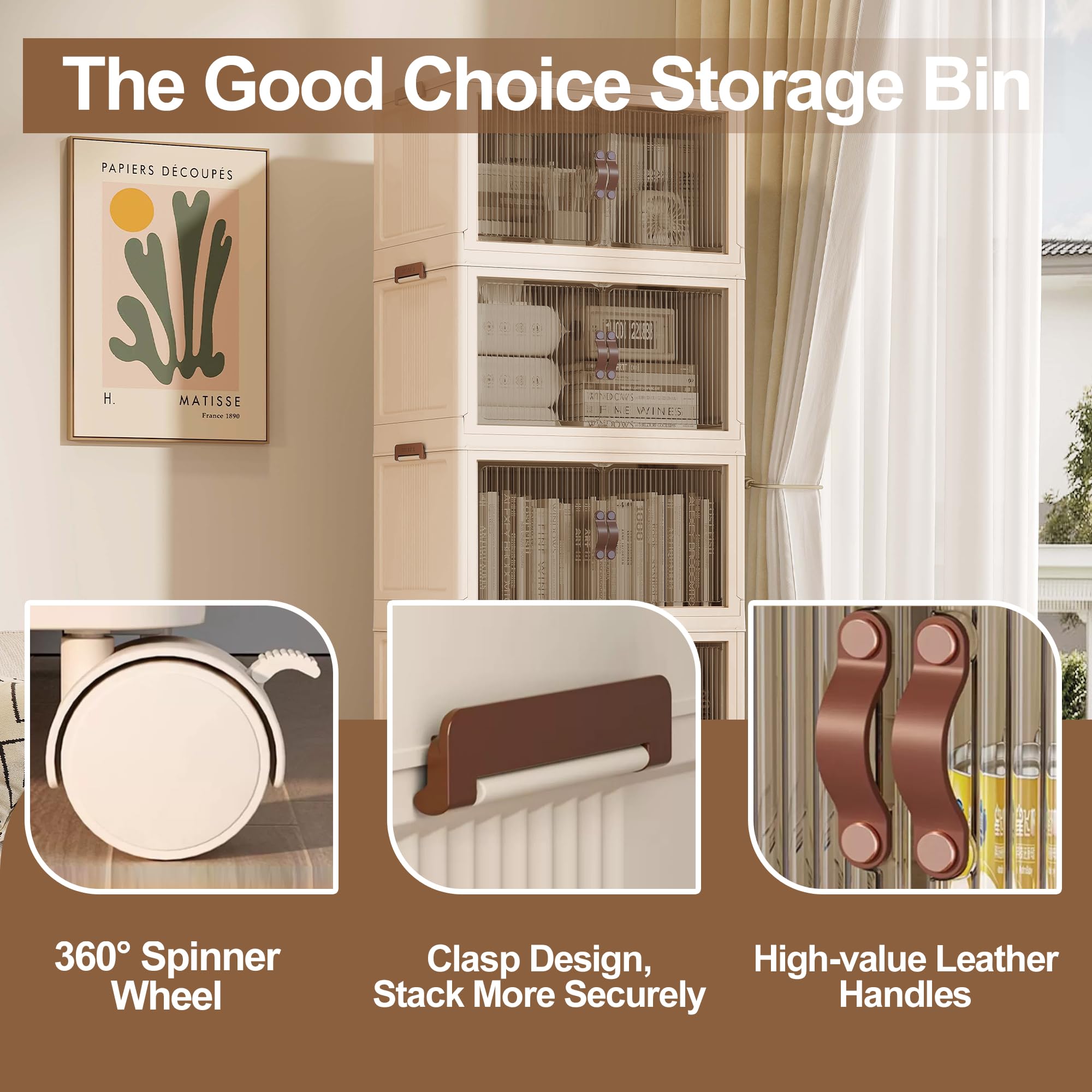 SAILUN 55Gal(222Qt ) Stackable Storage Bins Folding Collapsible Storage Bins with Lid, Closet Organizers and Storage, Storage Box with Door Beige 19" W x 12.6" D x 55" H