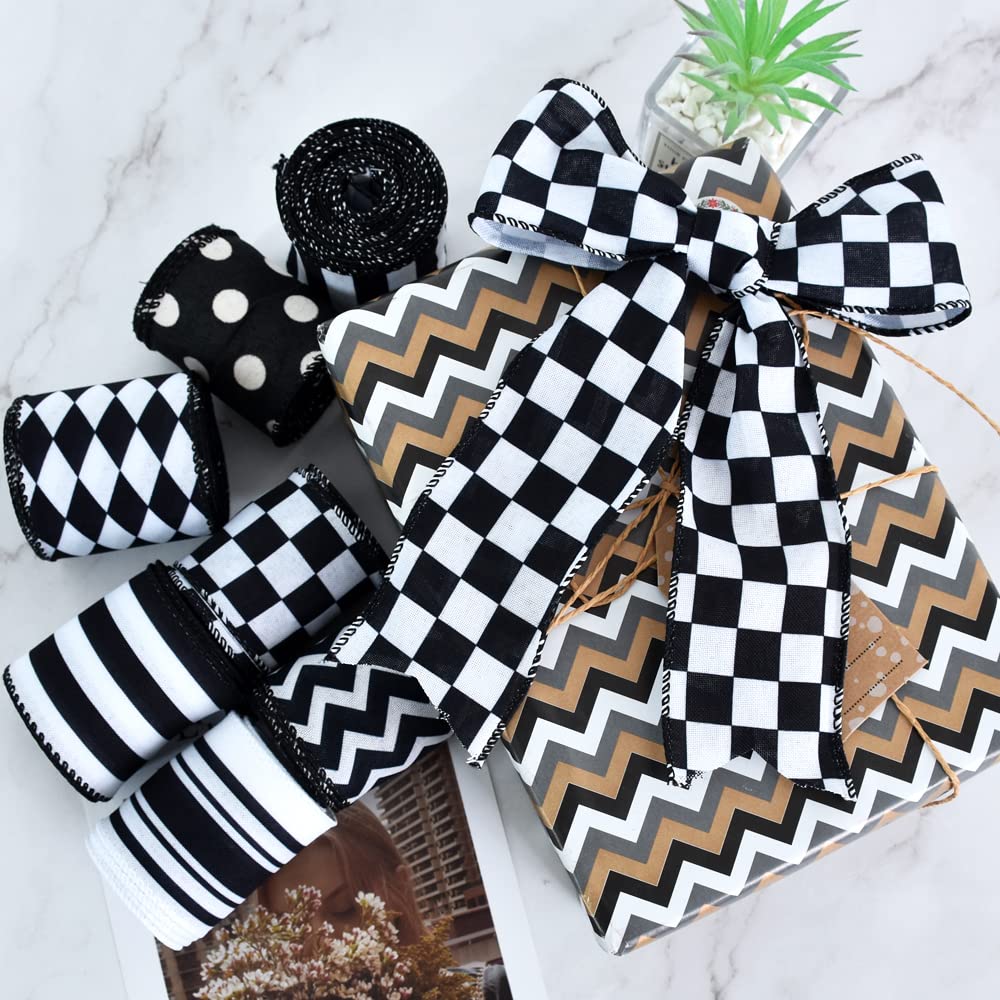TONIFUL 2.5 Inch Black and White Wired Edge Ribbon, Plaid Check Burlap Ribbon, Blakc White Wired Ribbon for Gift Wrapping, Wreath Bows Making, Crafts Home Party Christmas Tree Decoration(Check,6yds)