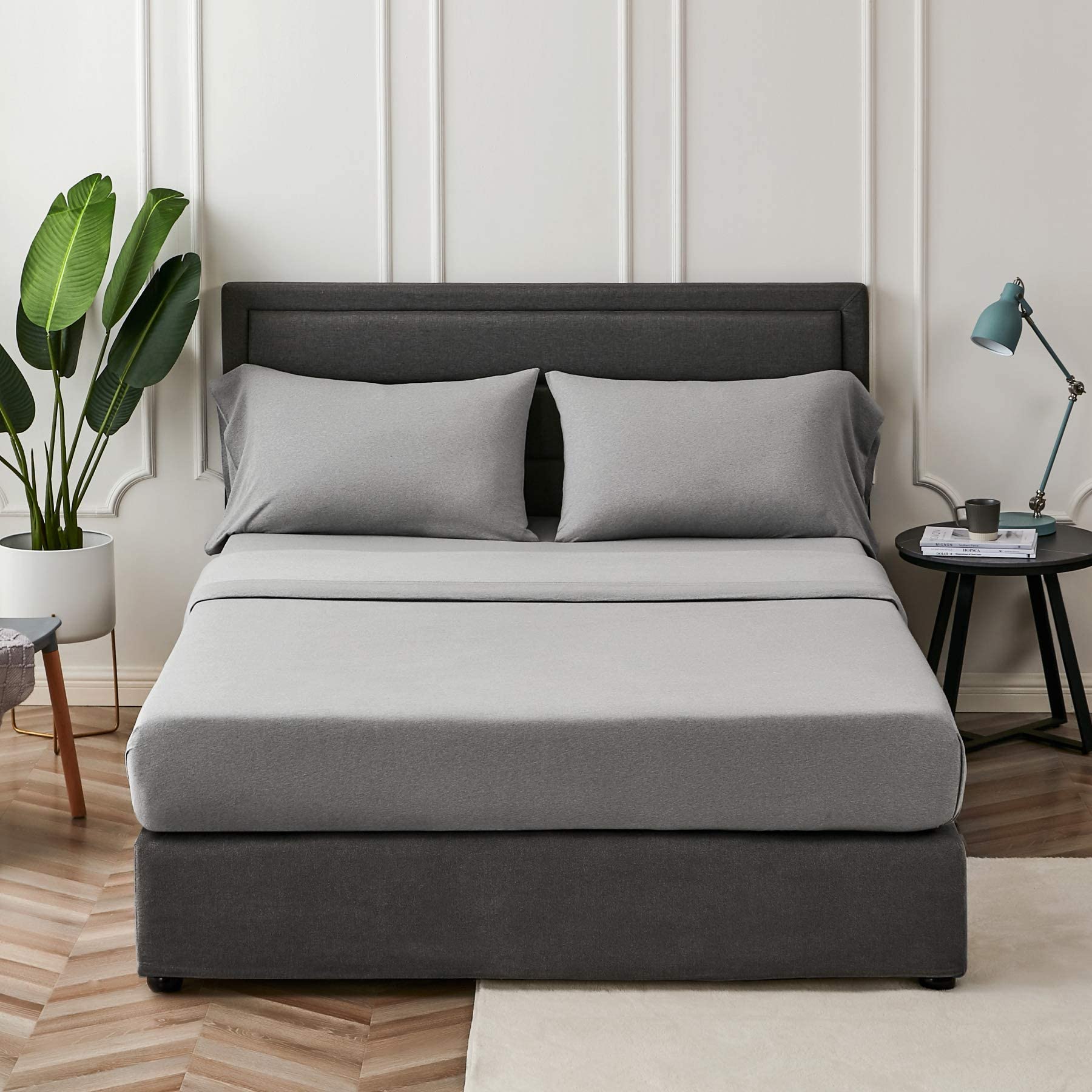 Bedsure Jersey Knit Sheets Queen Set - 100% Cotton T Shirt Bed Sheets for Queen Size Bed, Light Grey, 4 PC Cotton Stretchy Sheets