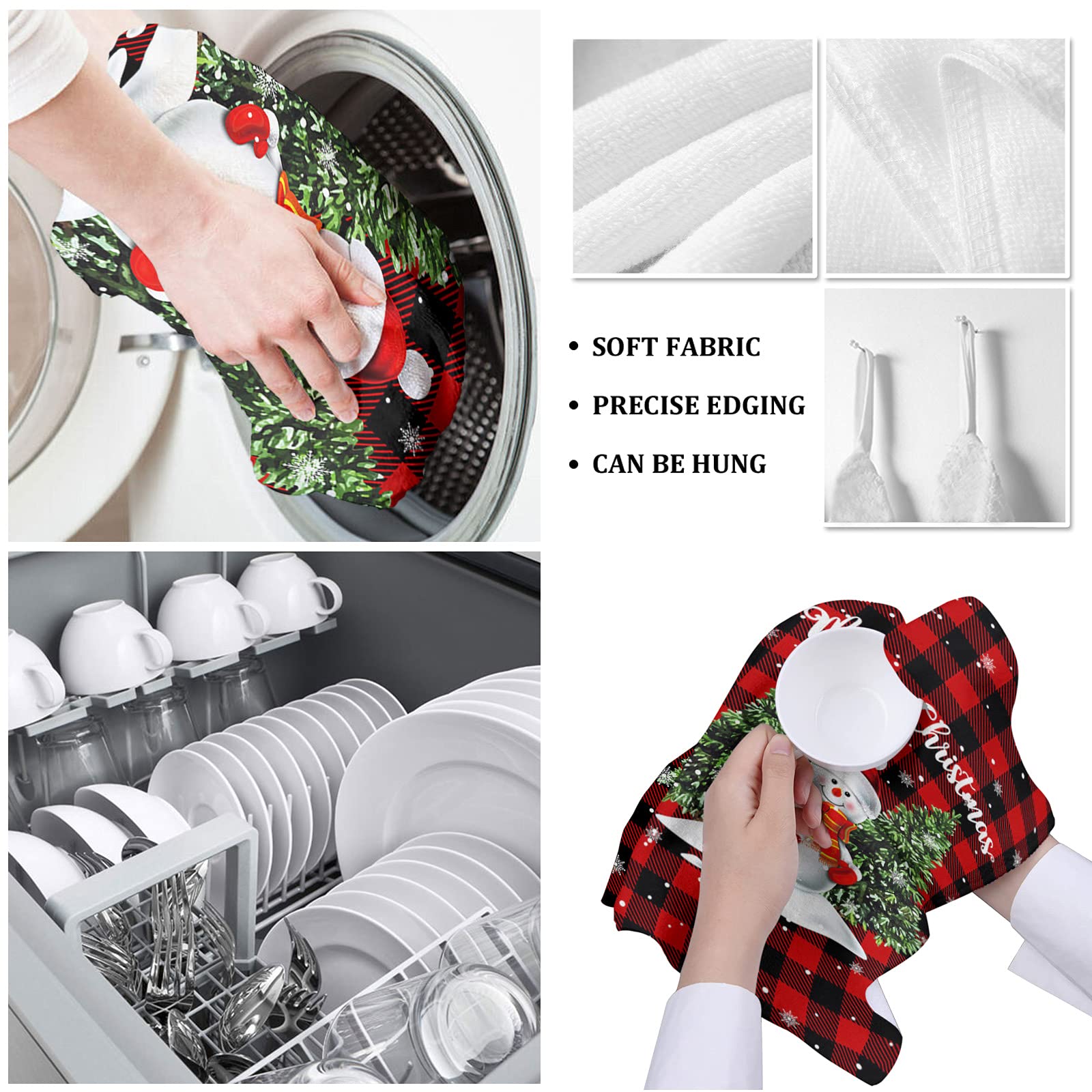 Beisseid Christmas Kitchen Dish Towels Snowman with Xmas Tree Dish Cloth Fingertip Bath Towels Cloth Red Buffalo Plaid Check Hand Drying Soft Cotton Tea Towel Set 18x28in 2PCS
