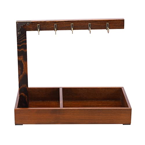 Entryway Hanging Key Holder with 5 Hooks for Desk Tabletop,Solid Wood Jewelry Storage Tray,Home Decorative Key Rack Organizer,L11.8''*W5.9''*H9.8ββ, Black Walnut