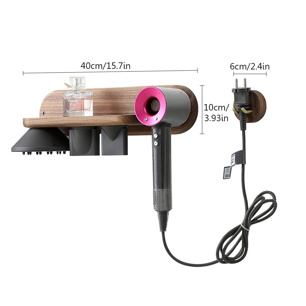 Wood Wall Mount Hair Dryer Holder for Dyson Supersonic, Walnut Bathroom Rack Magnetic Wall Bracket for Dyson Hair Dryer Power Plug, Diffuser and Nozzles Storage Organizer