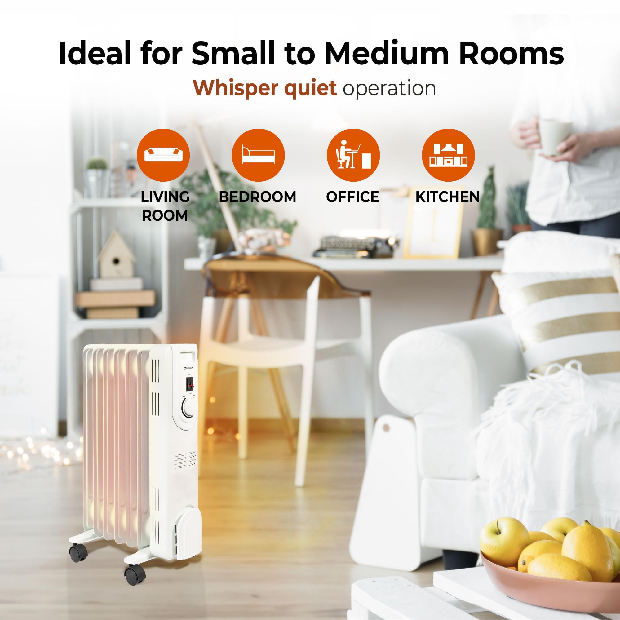 Comfort Zone Electric Oil-Filled Radiant Radiator Space Heater, Never Refill, Adjustable Thermostat, Tip-Over Switch & Overheat Protection System, Ideal for Home, Bedroom, & Office, 1,200W, CZ7007J