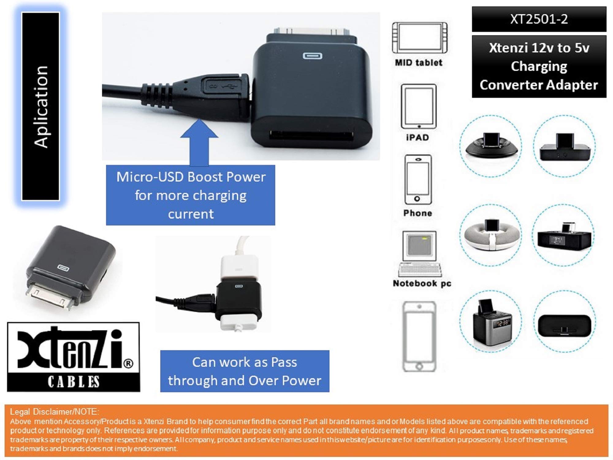 Xtenzi Charging Converter 30 Pin Pass Through Adapter XT12V5 Compatible with iPod iPhone iPad Car Vehicle