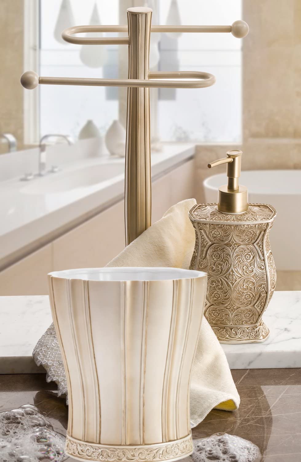 Creative Scents Bathroom Trash Can - Decorative Bathroom Wastebasket - Durable Beige Waste Bin - Space Friendly Waste Basket for Bathroom, Bedroom, Powder Room Or Living Room Decor (Victoria)