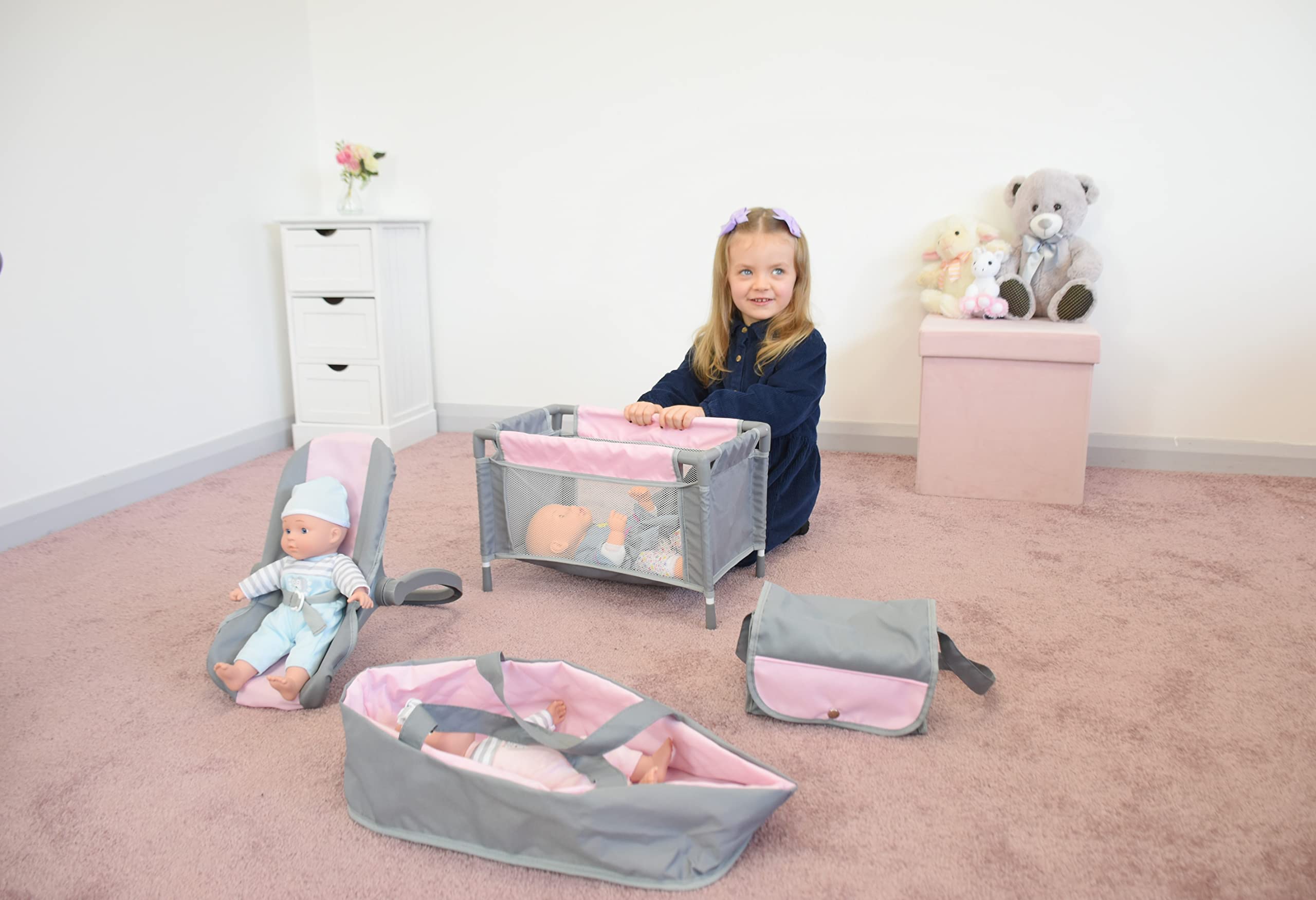 KOOKAMUNGA KIDS 5 Pc Baby Doll Stroller Set - Baby Doll Accessories - Baby Doll Playset w/ Doll Crib Stroller Car Seat - Playpen - Carry Cot - Diaper Bag - Ages 3+ - Deluxe Grey / Pink