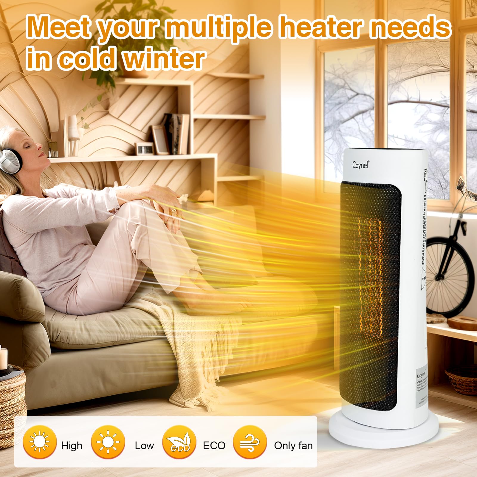 CAYNEL Home Oscillating Tower Ceramic Heater with Adjustable Thermostat, 12-Hour Timer and Safety Lock, Tip-Off Switch and Overheat Protection for Home and Home Office Areas, White