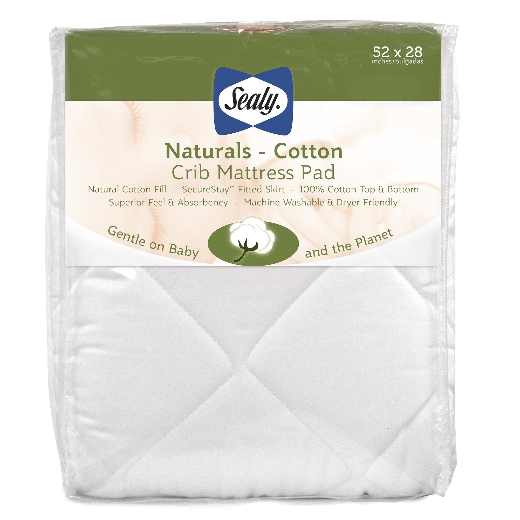 Sealy Baby Naturals Cotton Fitted Ultra Absorbent Infant Crib Mattress Protector Pad and Toddler Bed Cover, Durable and Comfortable Topper, Machine Washable and Dryer Friendly, 52” x 28”- White