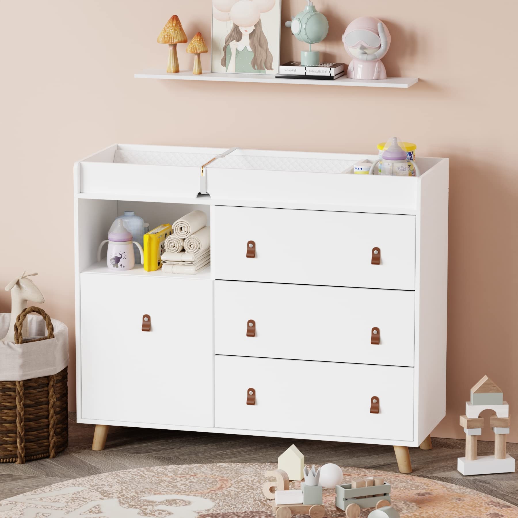 Baby Changing Table Dresser, Modern Nursery Dresser Chest Storage Changing Dresser with 3 Drawers & 1 Shelf, Diaper Changing Pad (White)