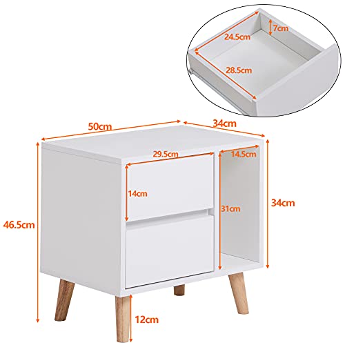 CLIPOP Set of 2 Modern Nightstand with 2 Drawers, Open Shelf, Solid Wood Legs, Wood Bedside Table with Vertical Open Storage, End Side Table for Bedroom Living Room (White)