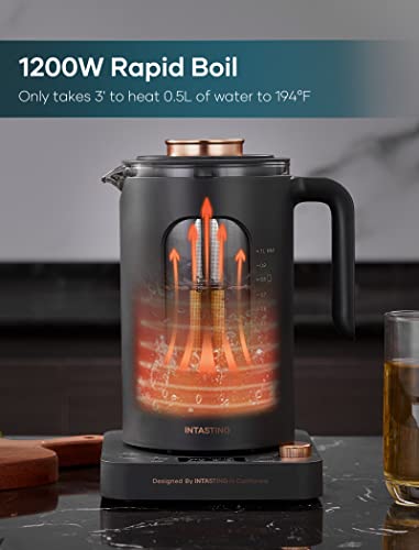 Electric Kettle, INTASTING Wide Opening Glass Kettle with Tea Infuser, 9 Smart Presets, Auto Memory, Mute, 1200W Fast Heating, BPA-Free, Easy to Clean, for Tea Bag, Dark Grey